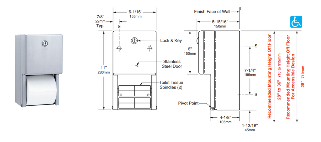 Bobrick B-2888 Surface-Mounted Multi-Roll Toilet Tissue Dispenser